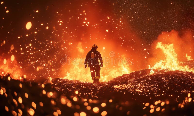 Firefighter Battling Flames, Intense Heat, Glowing Embers, Dramatic ...