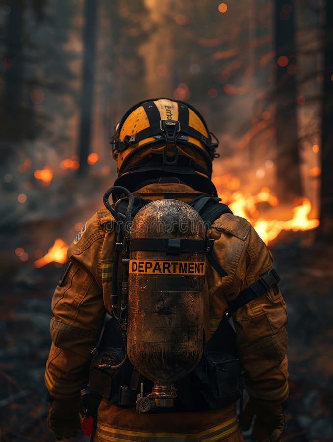 Firefighter Battling a Forest Fire, Back View. Stock Image - Image of ...