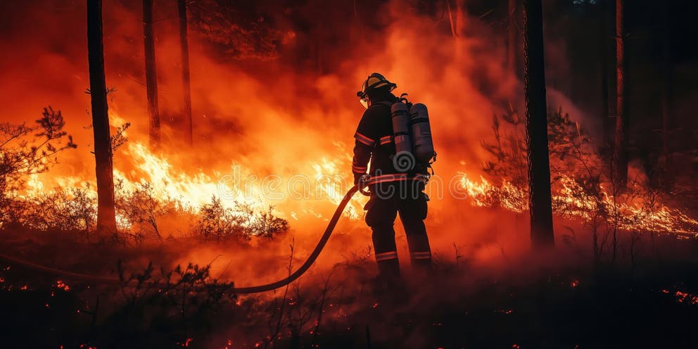 Firefighter Battling Intense Wildfire in Forest during Dramatic Sunset ...