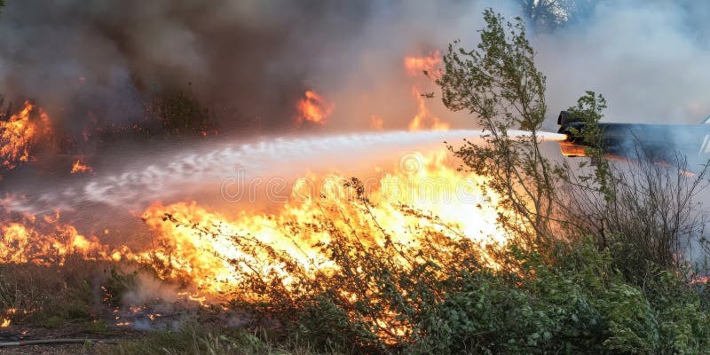 Firefighter Battling Intense Wildfire Hose Water Forest Environment ...