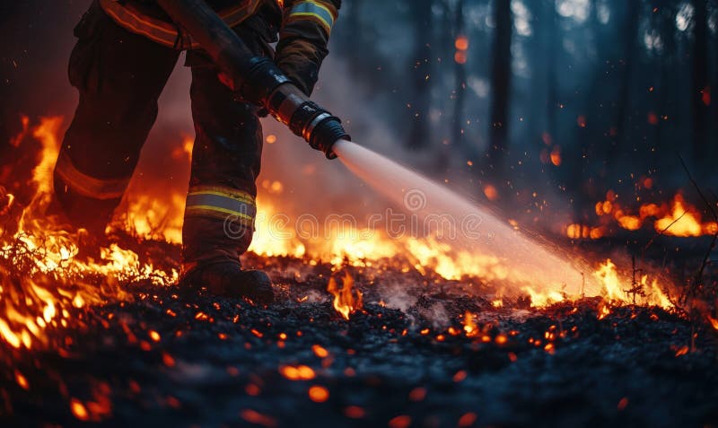 Firefighter Battling Wildfires with Hose in Burning Forest during ...