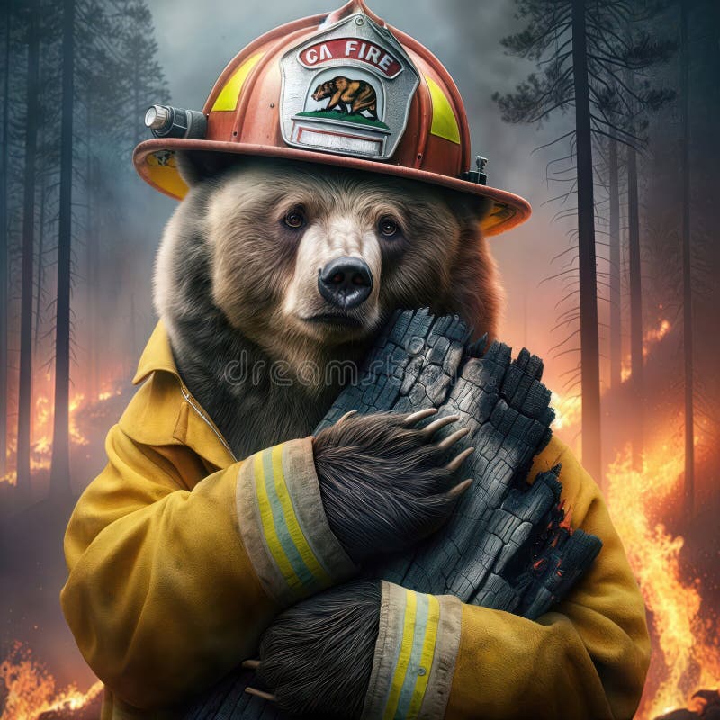 Firefighter Bear in a Burning Forest Stock Illustration - Illustration ...