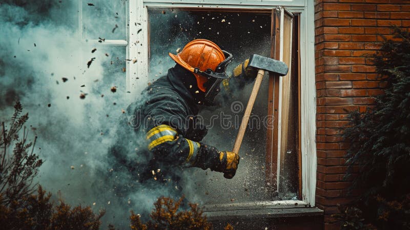 A Firefighter Bravely Breaks through a Window in a Smoke-filled ...