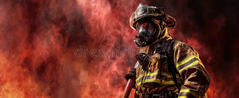 The Firefighter Bravely Stands Amidst Flames, Prepared for Action and ...