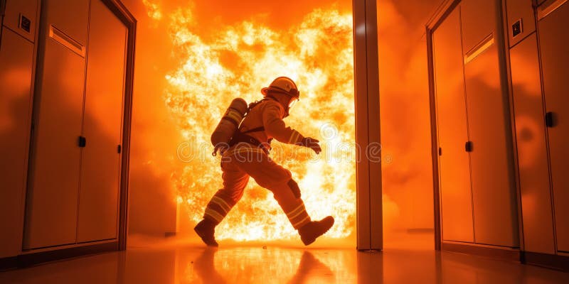 Firefighter Bravely Walks through Flames in Dramatic Scene Stock ...