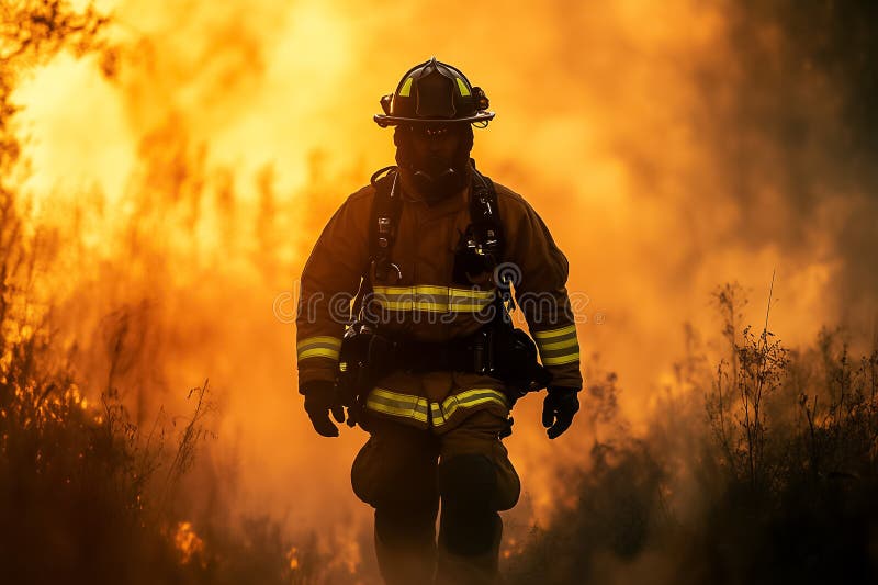 A Firefighter Bravely Walks through Thick Smoke and Flames, Focused on ...