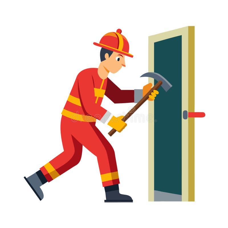 Firefighter Breaching a Door with Axe in Flat Illustration Style for ...