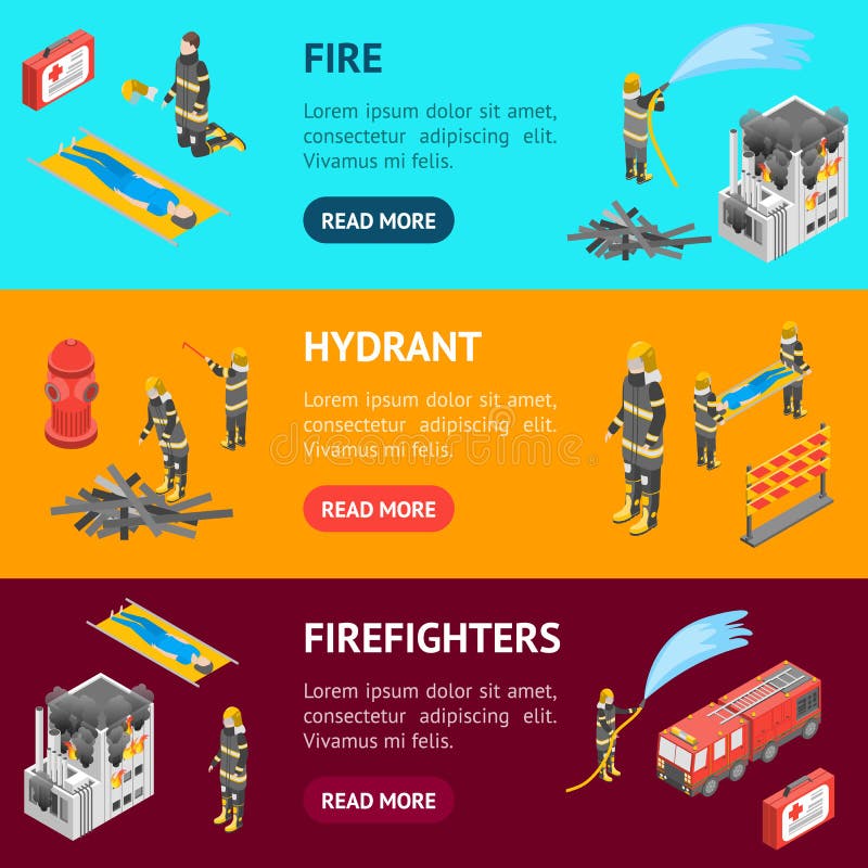 Firefighter and Building on Fire Banner Horizontal Set 3d Isometric ...