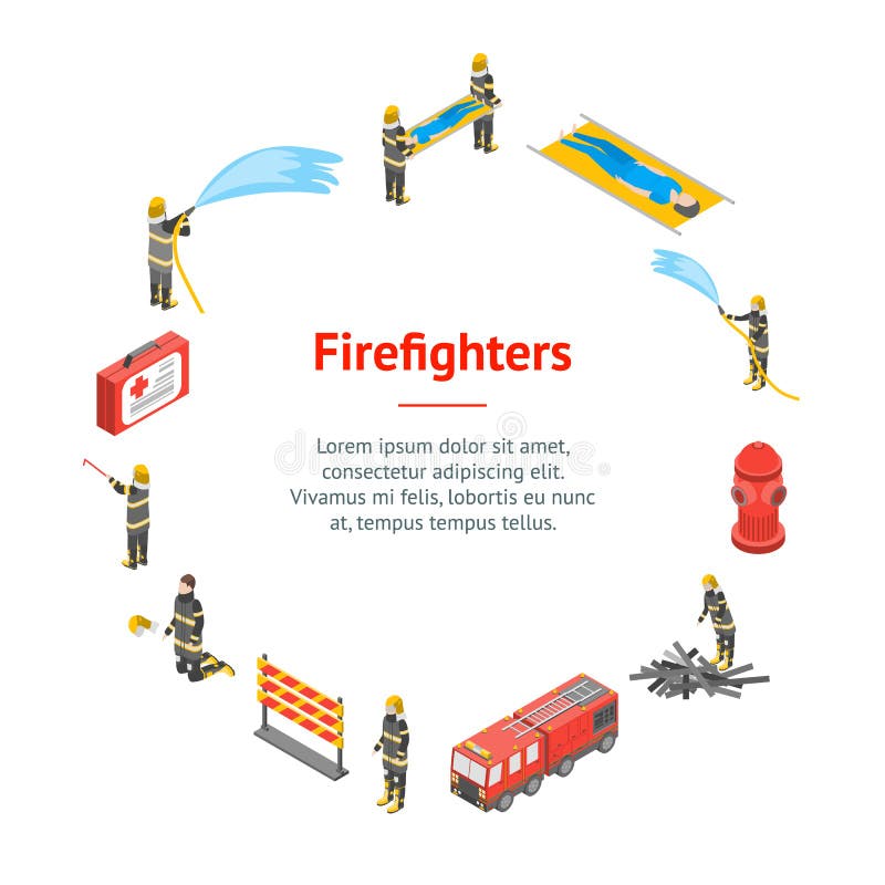 Firefighter and Building on Fire Concept Banner Card Circle 3d ...