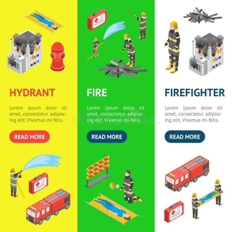 Firefighter and Building on Fire Concept Banner Vecrtical Set 3d ...