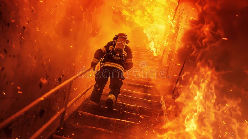Firefighter in Burning Building Climbing Stairs in Dramatic Scene with ...