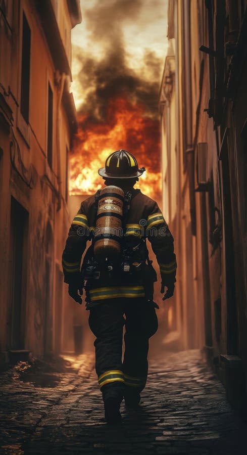 A Firefighter, Clad in Protective Equipment, Charges into a Burning ...