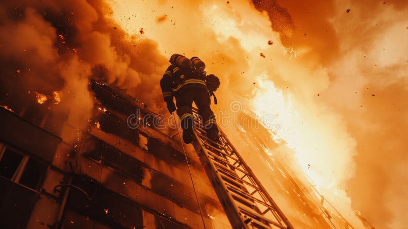 Firefighter Climbing Ladder into a Burning Building Stock Illustration ...