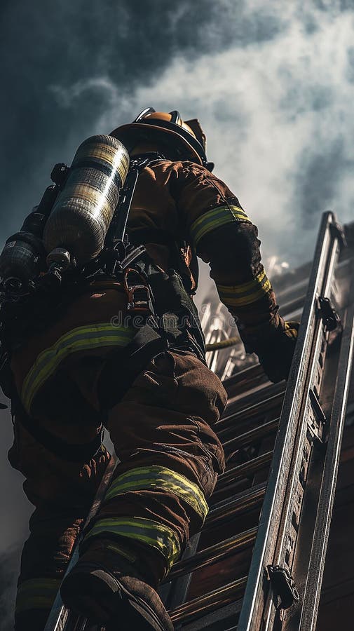 Firefighter Climbing a Ladder during a Rescue Simulation Stock ...