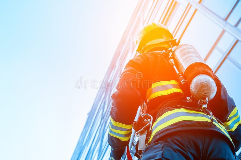 A Firefighter Climbs a Modern Building in Gear, Showcasing Bravery and ...