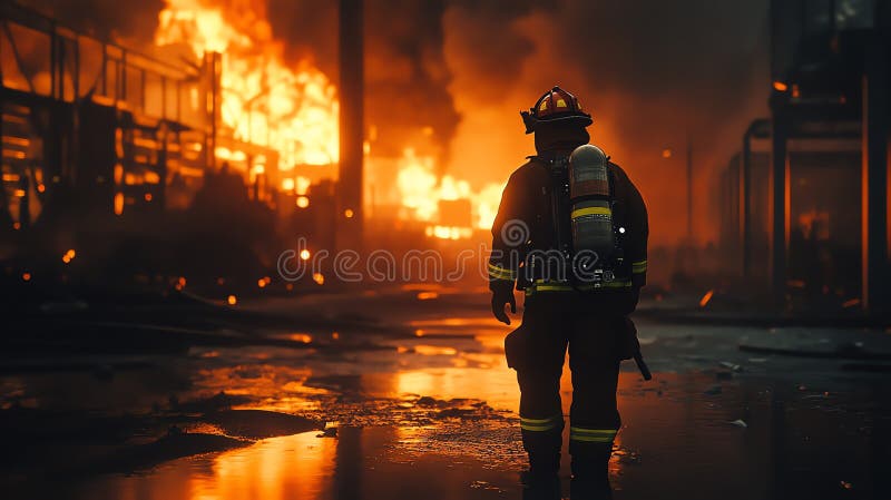 Firefighter Confronting Large Blaze at Night Stock Illustration ...
