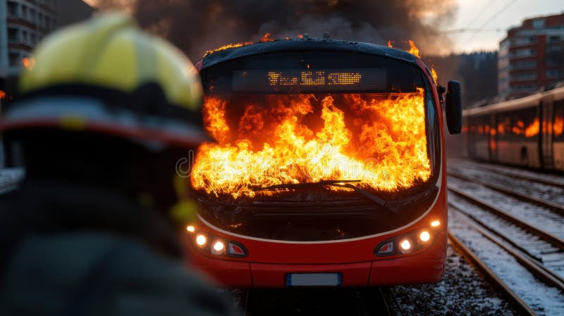 Firefighter Confronts Burning Bus on Urban Street Stock Illustration ...