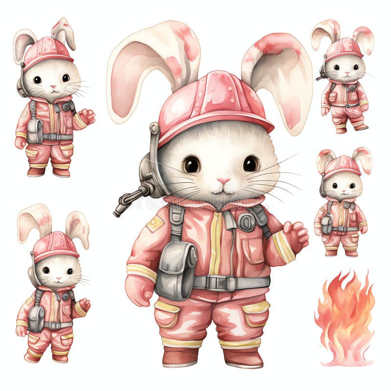 Firefighter Cute Bunny with Jacket and Helmet Pink Cute Bunny ...