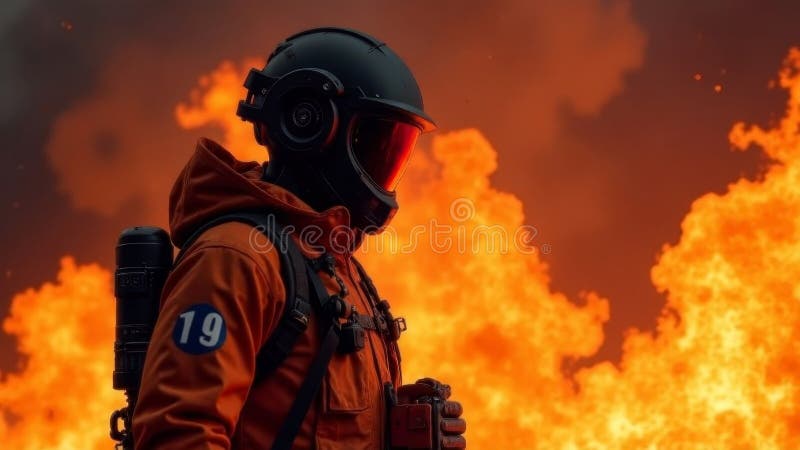 Firefighter Cyborg on Burning Background Stock Image - Image of cyber ...