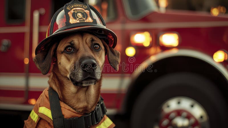 A Firefighter Dog Sits in Front of a Fire Truck in a Yellow Helmet and ...