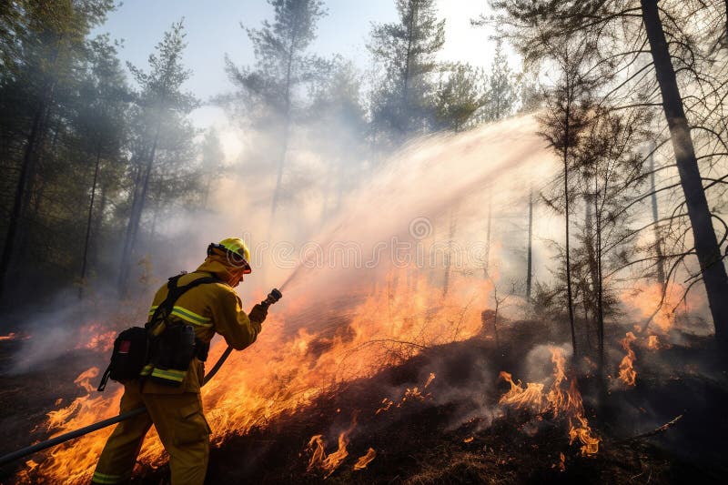 Firefighter Dropping Water in a Forest Fire during Day. Generative AI ...