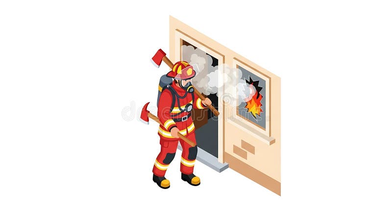 Firefighter Entering Burning Building with Axe and Protective Gear ...