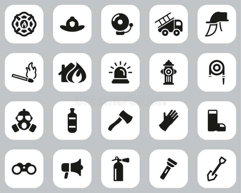 Firefighter & Firefighter Equipment Icons Black & White Flat Design Set ...