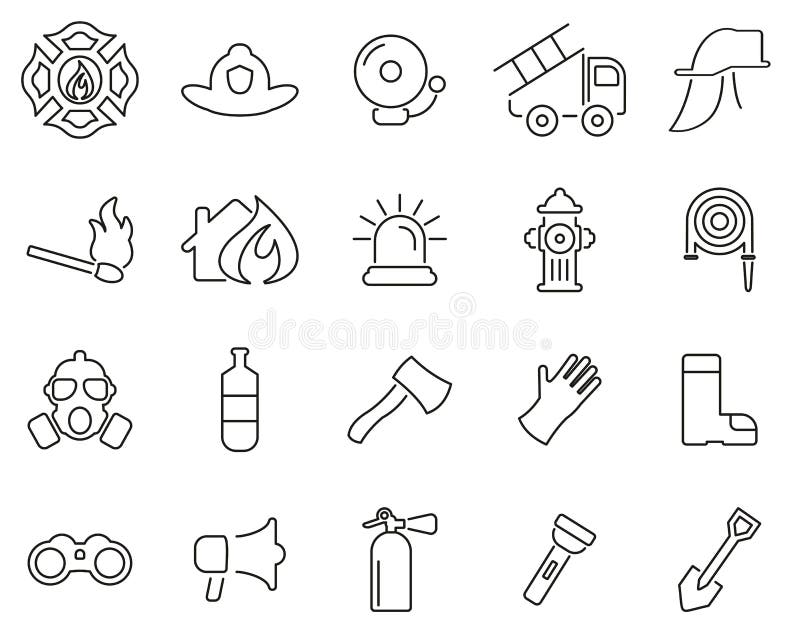 Firefighter & Firefighter Equipment Icons Black & White Thin Line Set ...