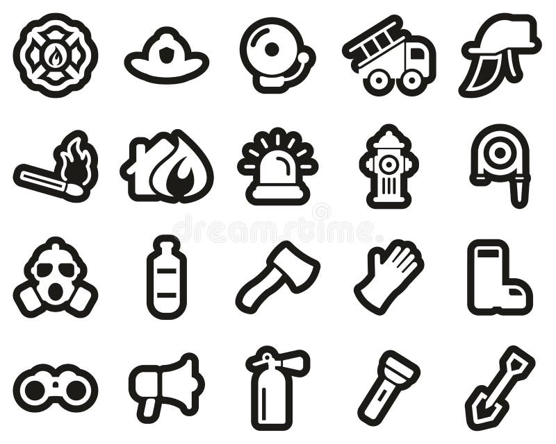 Firefighter & Firefighter Equipment Icons White on Black Sticker Set ...