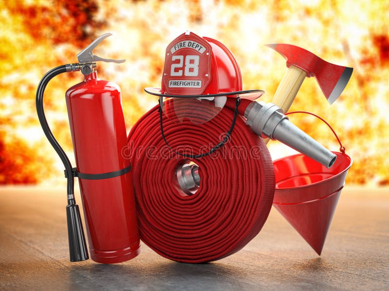 Firefighter Equipment and Tools on Fore Background. Fire Hose, Fire Hat ...