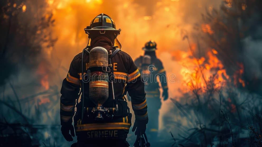 Firefighter at the Event with Flames Stock Illustration - Illustration ...