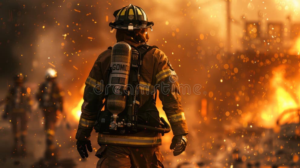 Firefighter at the Event with Flames Stock Illustration - Illustration ...