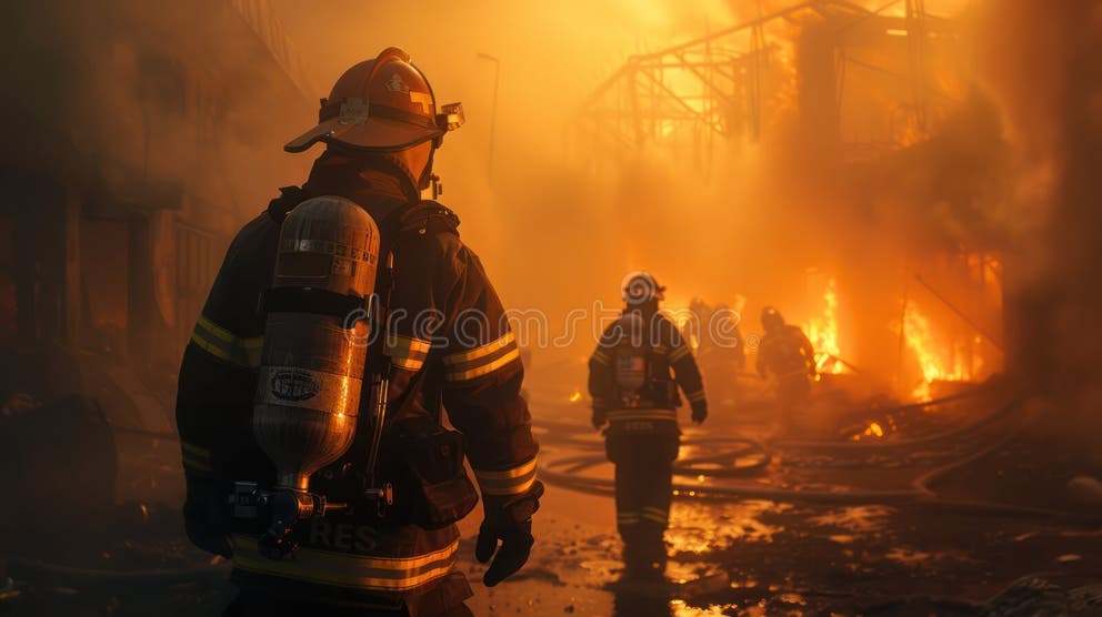 Firefighter at the Event with Flames Stock Illustration - Illustration ...
