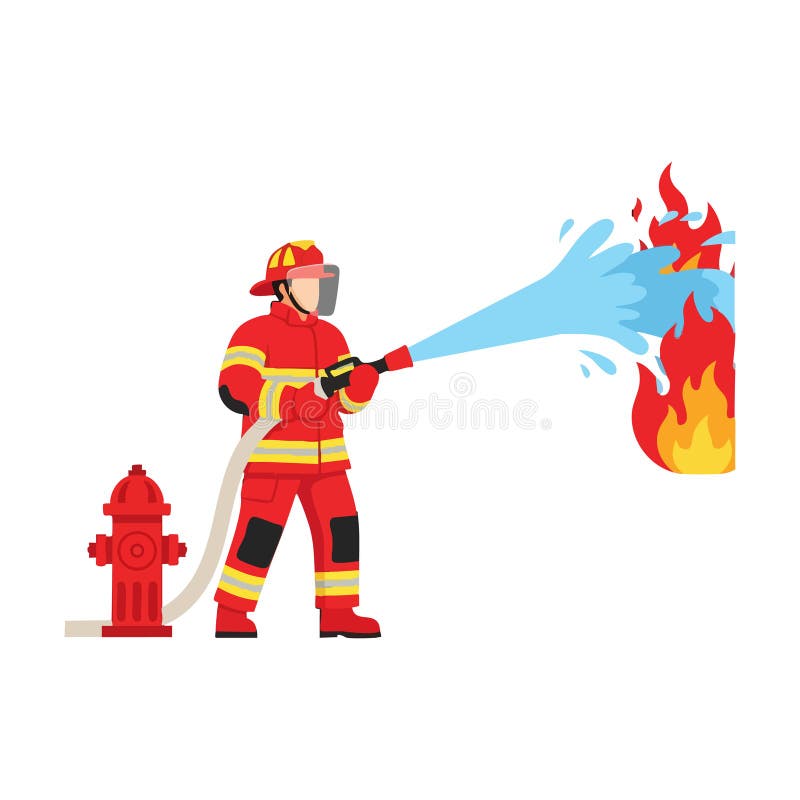 Firefighter Extinguishing Fire with Hose Connected To Red Hydrant ...