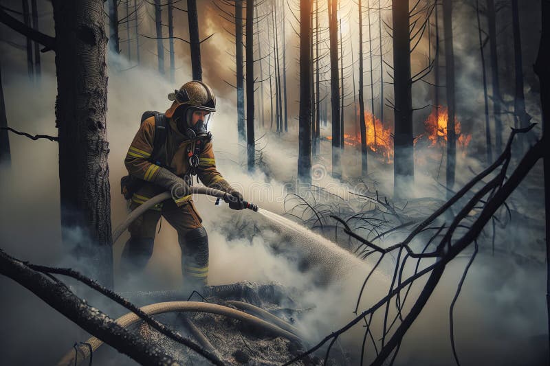 A Firefighter Extinguishing A Forest Fire Stock Illustration