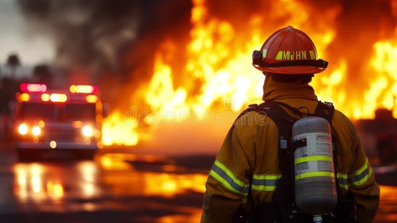 Firefighter Facing Blaze a Firefighter Stands before a Large Fire a ...