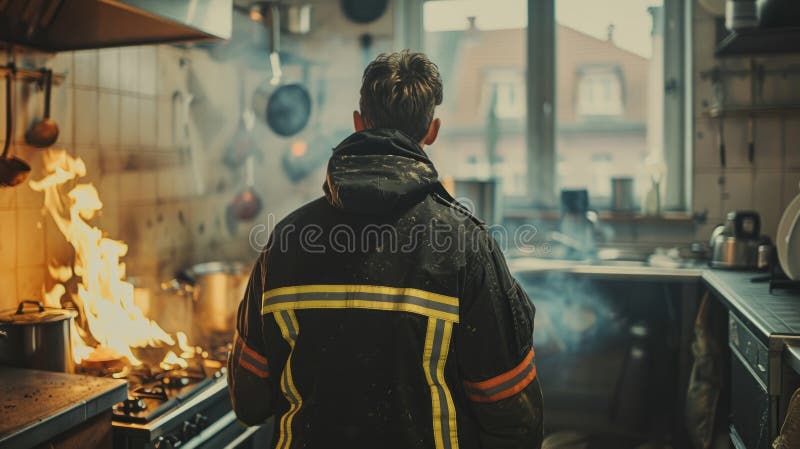 Firefighter Facing Flames in a Kitchen. Stock Image - Image of ...