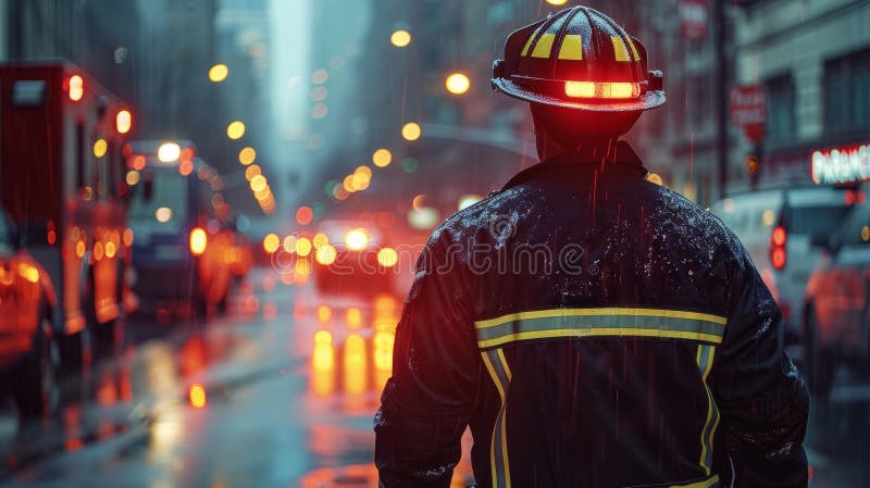 Firefighter Facing a Rainy City Street at Night. Stock Photo - Image of ...