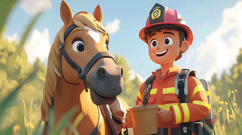 Firefighter Feeds Horse, Forest Background, Animation, Safety Stock ...