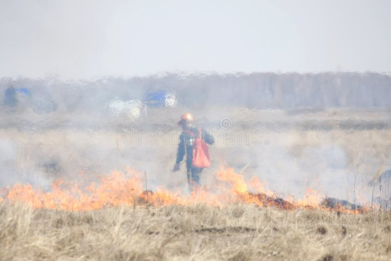 A Firefighter in a Field Puts Out a Fire with Water when he Went Down ...