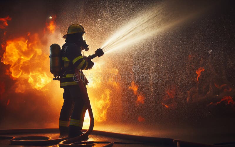 Firefighter in the Fire Firefighter Sprays Water on Burning Building ...