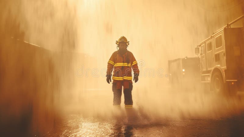 Firefighter. Fireman Using Water and Extinguisher To Fighting with Fire ...