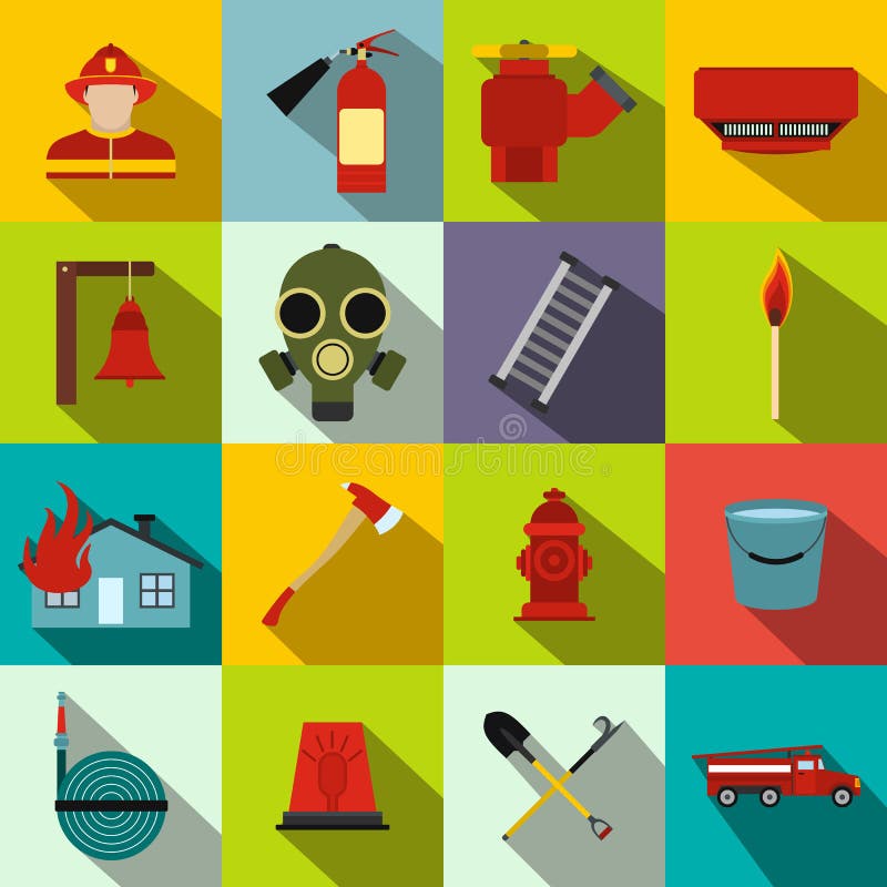 Firefighter flat icons set stock illustration. Illustration of smoke ...