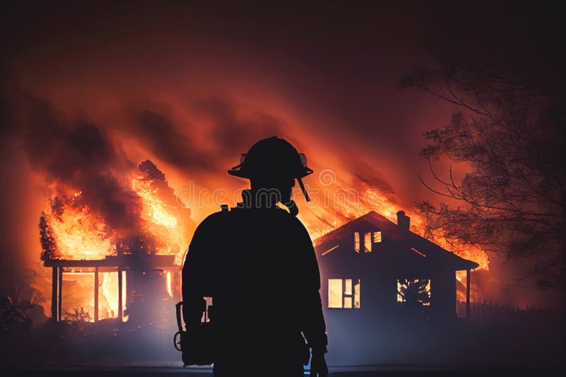 Firefighter in Front of Burning Building on Fire Stock Illustration ...