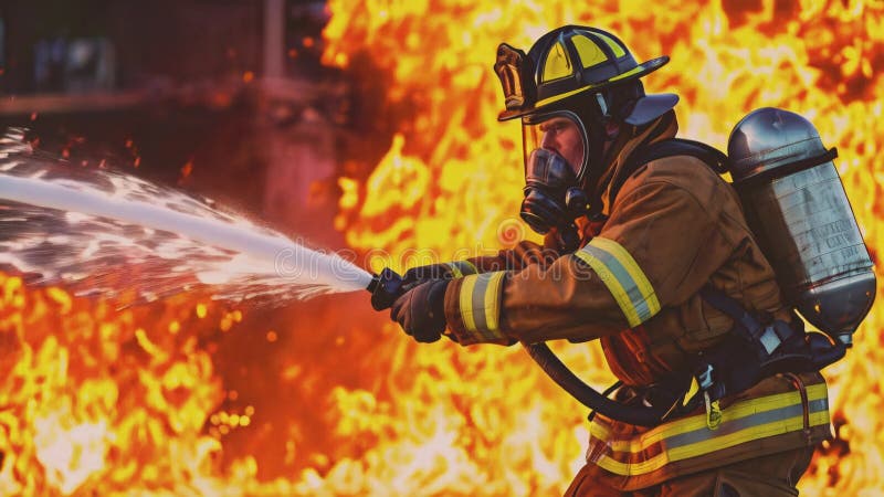 A Firefighter in Full Gear Actively Fighting a Blazing Fire, with ...