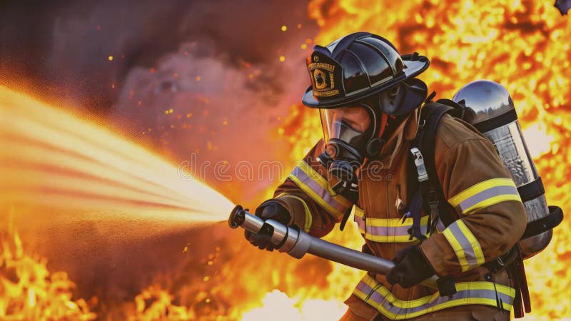 A Firefighter in Full Gear Actively Fighting a Blazing Fire, with ...