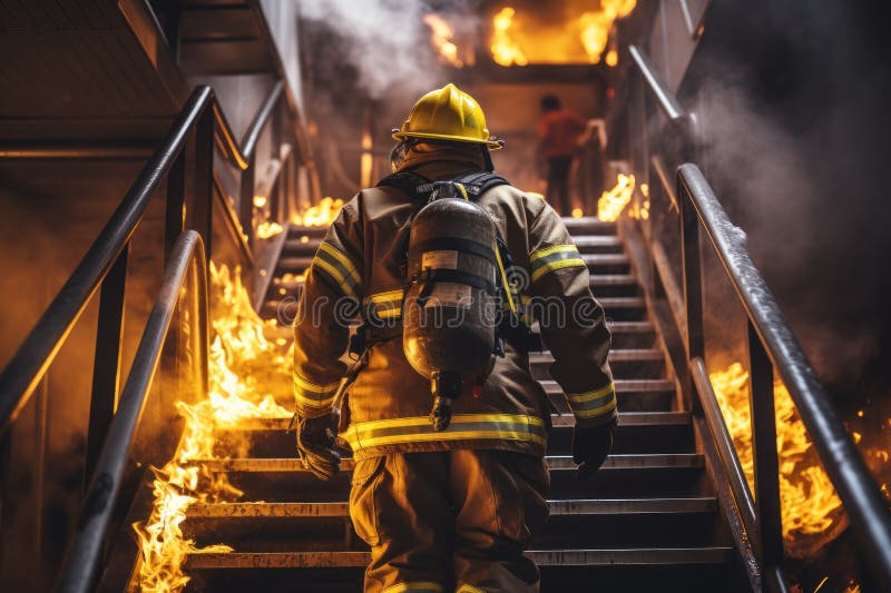 Firefighter in Full Gear Walking Up Stairway Severe Fire. Generative AI ...