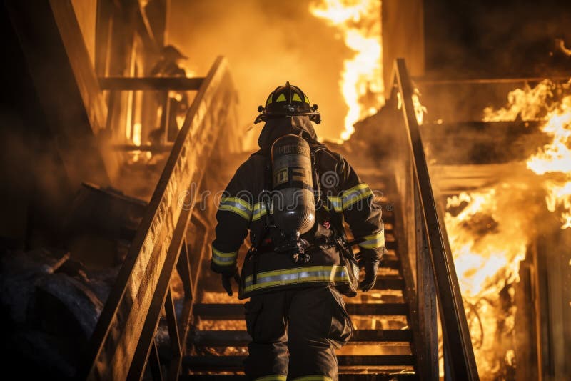 Firefighter in Full Gear Walking Up Stairway Severe Fire. Generative AI ...