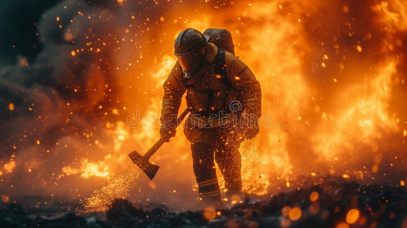 Firefighter in Gear with Axe in Flames of Fire Stock Illustration ...