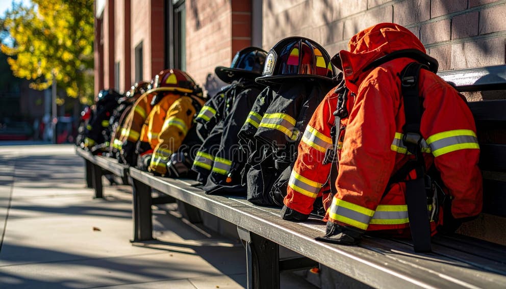 Firefighter Gear on a Bench Outdoors Stock Illustration - Illustration ...